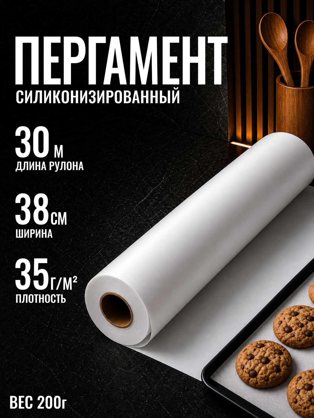 Бумага для выпечки силиконизированная пергамент 30м 38см белая