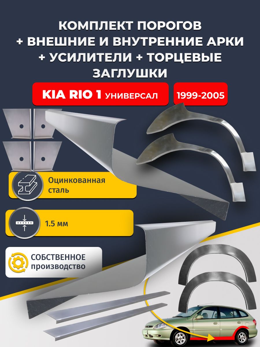 Комплект ремонтных задних внешних и внутренних арок (0,8 мм) + комплект порогов + 4 торцевые заглушки + усилители, на Kia Rio 1999-2005 универсал (Киа Рио 1) Оцинкованная сталь 1.5 мм