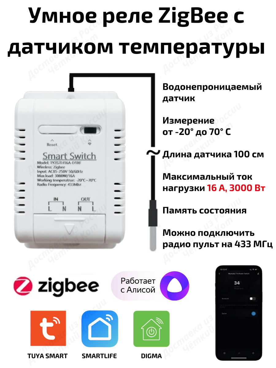 Умное реле Tuya ZigBee 16А Алиса c внешним датчиком температуры