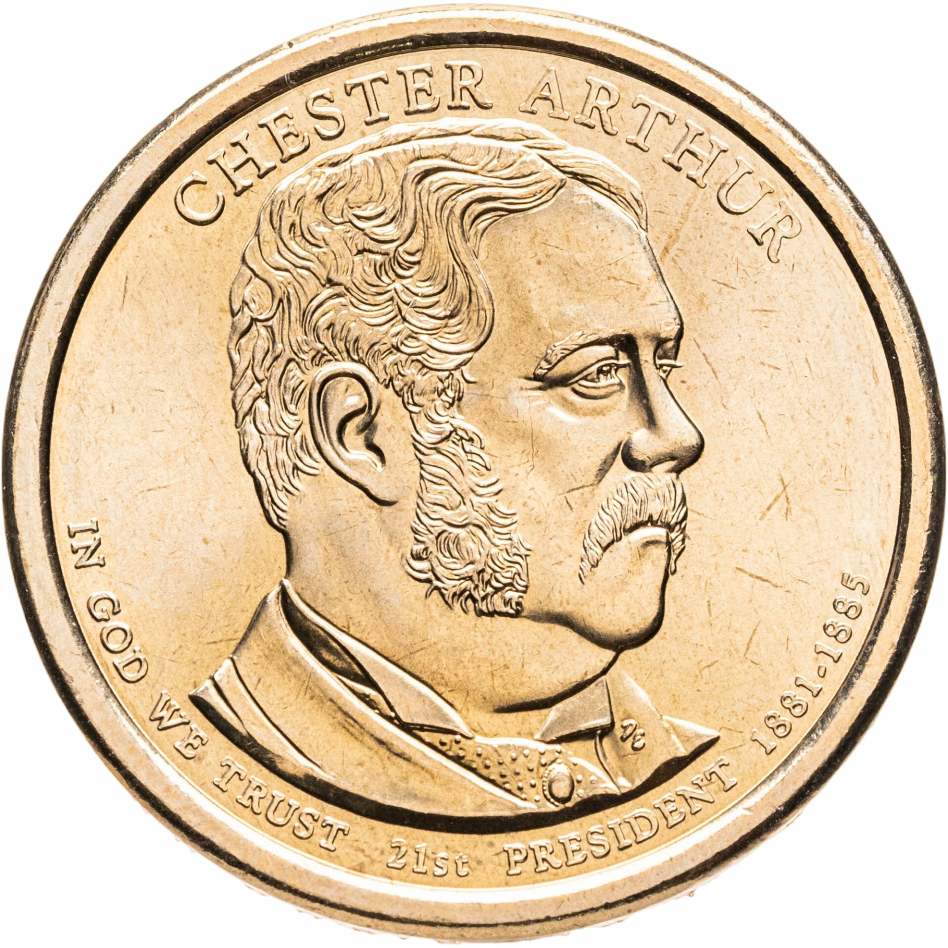 США 1 доллар dollar 2012 "Президент США - Честер Алан Артур 1881-1885", знак монетного двора: "Р" - Филадельфия, Латунь, в сохранности UNC