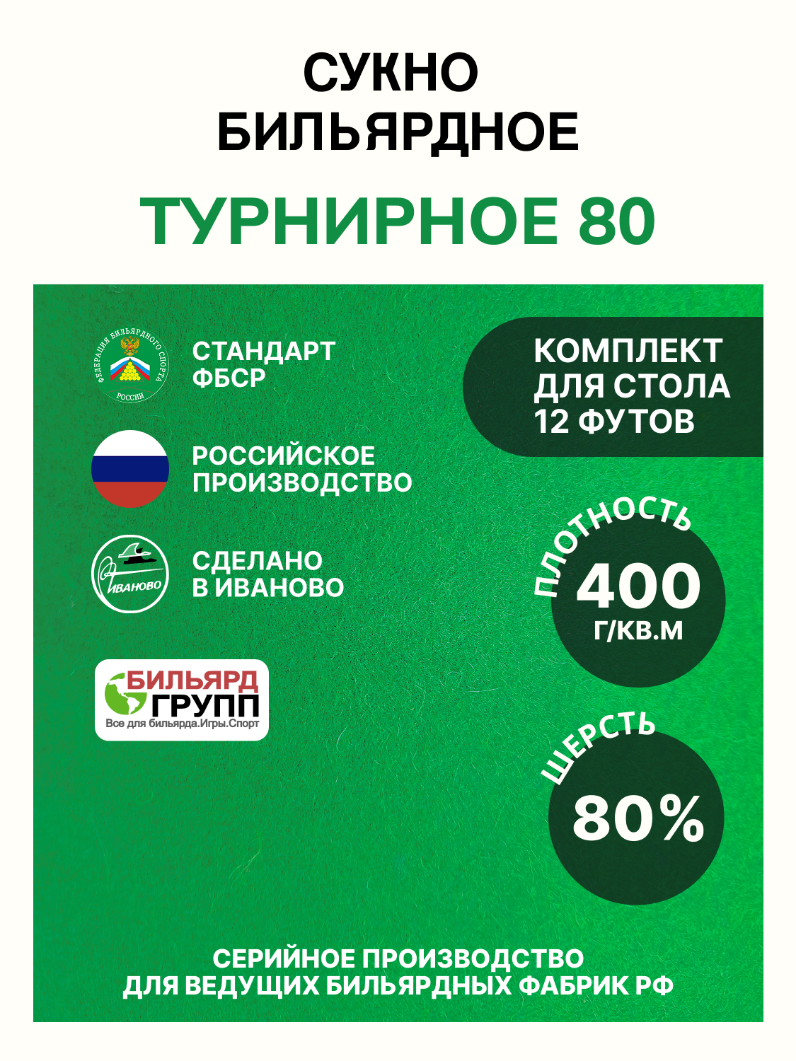 Сукно бильярдное Турнирное 80 для стола 12 футов