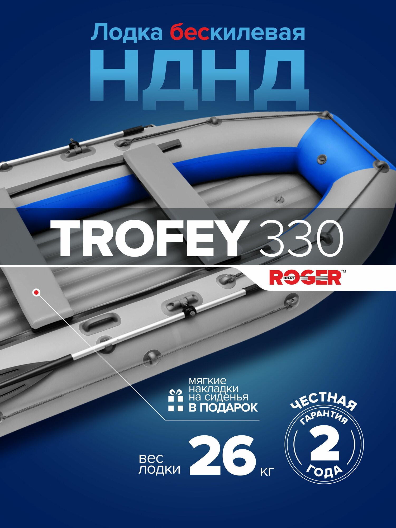 Лодка ПВХ под мотор НДНД ROGER Trofey 330, лодка надувная для рыбалки роджер (серый синий)