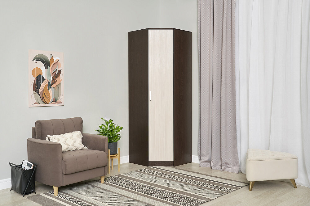 Шкаф угловой для одежды однодверный, 1 дверь 5 полок 1 штанга, Эра, 76х220х76 см, ЛДСП, Венге / Дуб Лоредо