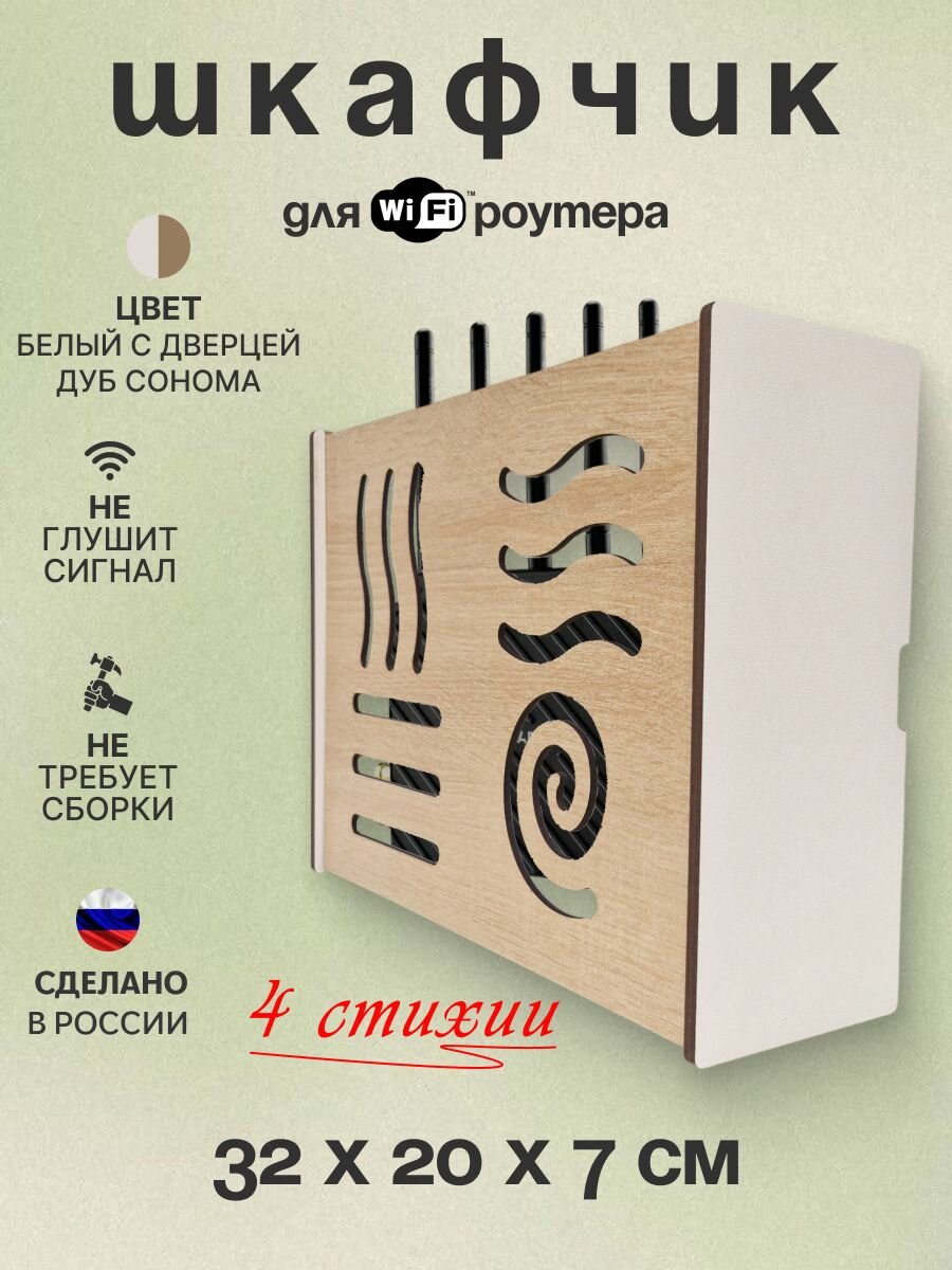 Полка короб для роутера, шкафчик 20х32см - "4 стихии" ; Белый с дверцей дуб сонома