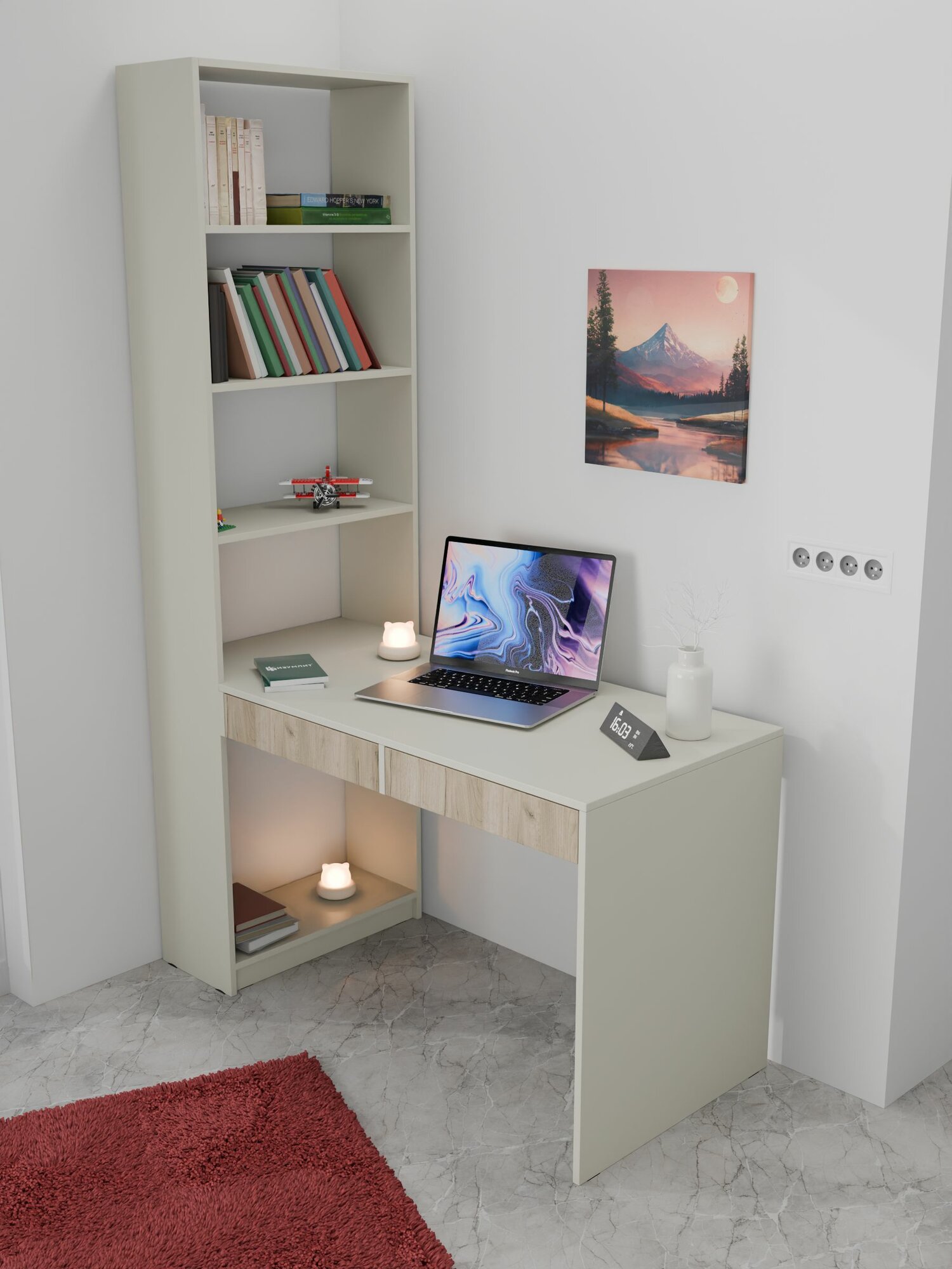 Изумлит Стол-стеллаж письменный угловой, стеллаж слева 200х130х59.2 см, бежевый - дуб крафт серый