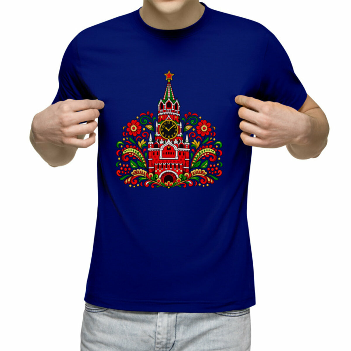 Мужская футболка «Узор Спасская башня - русская хохлома» (синий, XL)