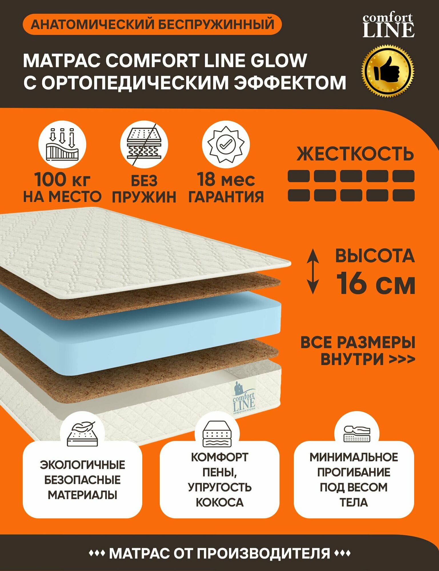 Матрас Comfort Line Glow 85х180 серии Lux высота 16 см анатомический жесткий кокосовый Беспружинный