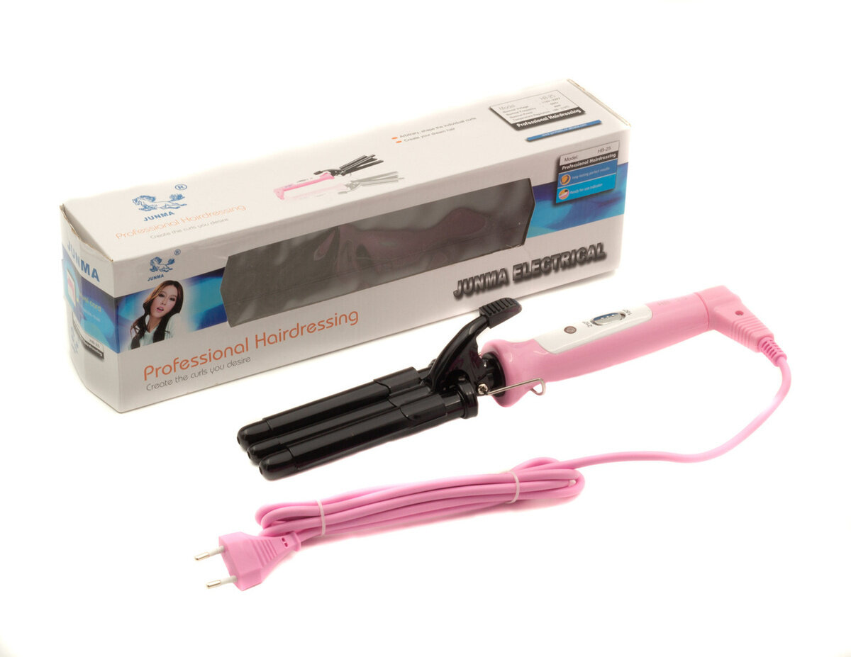 Плойка Junma HB-25, керамическая, тройная, 40Вт, 2 температурных режима, розово-чёрная