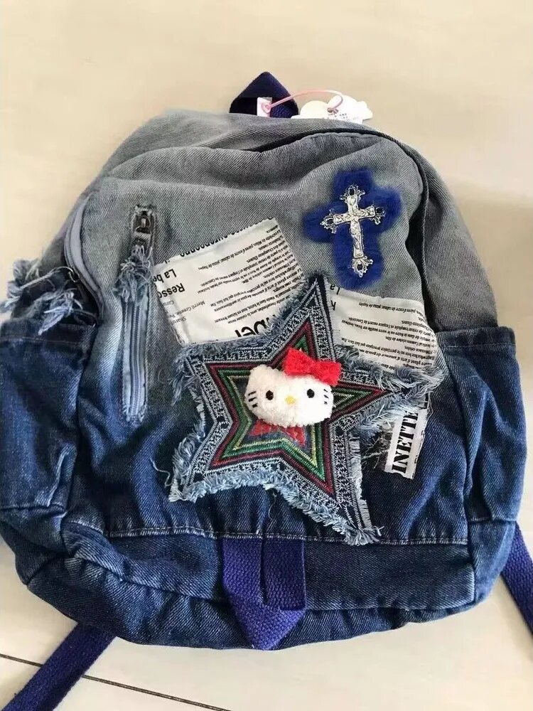Стильный джинсовый рюкзак для девочек и мальчиков с Hello Kitty, вышивкой в виде звезды, 46x29x13 см, Blue3 — фото 1