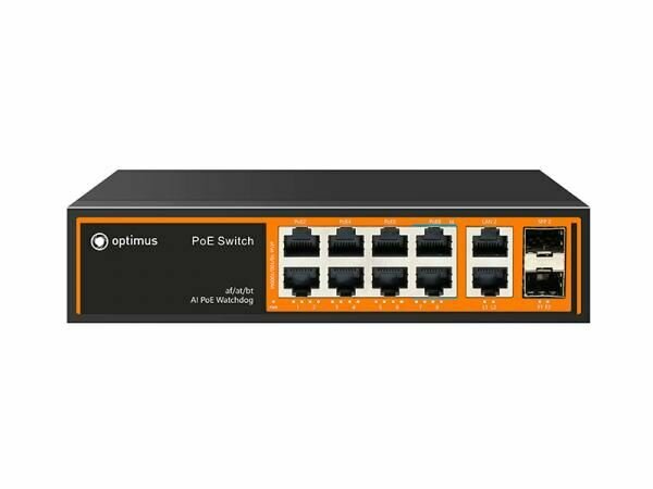 Optimus U1I-8G2b/2G/2S PoE-коммутатор ( 6 портов до 1000 Мбит/с RJ-45, PoE+; 2 порта до 1000 Мбит/с RJ-45, PoE++; 2 порта до 1000 Мбит/с RJ-45, Uplink; 2 порта до 1000 Мбит/с SFP, Uplink), до 100м