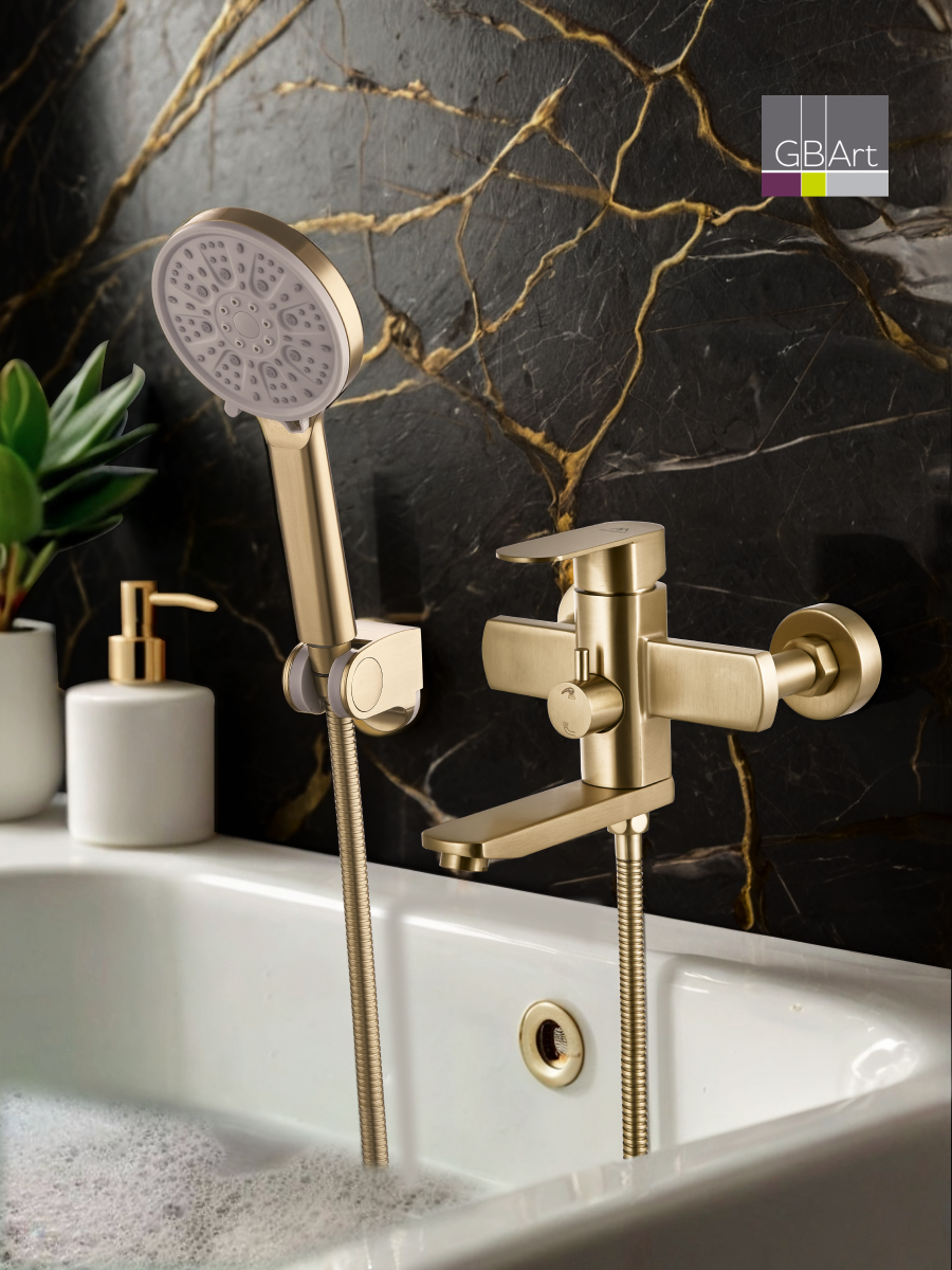 Смеситель для ванны с душем с коротким изливом, кран в ванну золотой матовый Fashun A53020-21