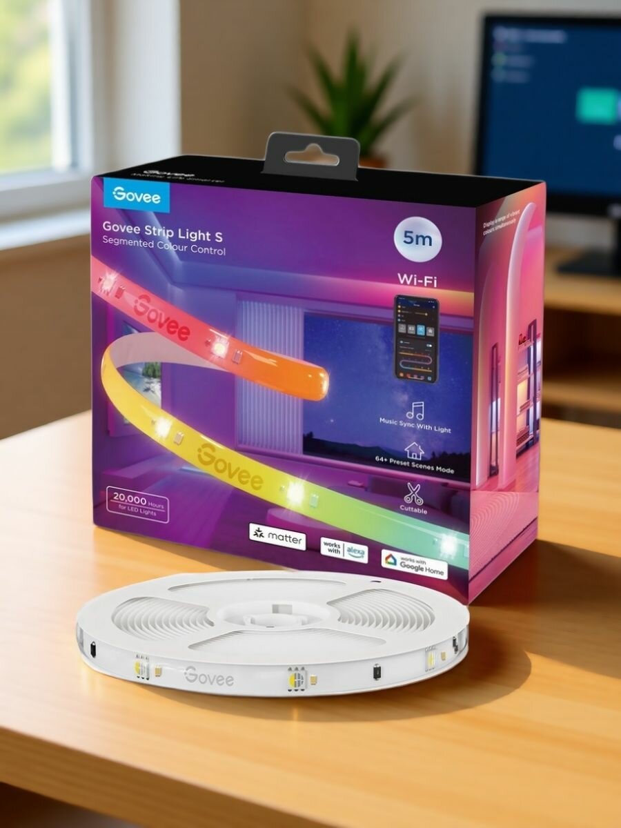 Светодиодная лента RGB Govee RGBICW LED Strip Lights поддержка Matter H612ACD1, умная LED подсветка 5 метров
