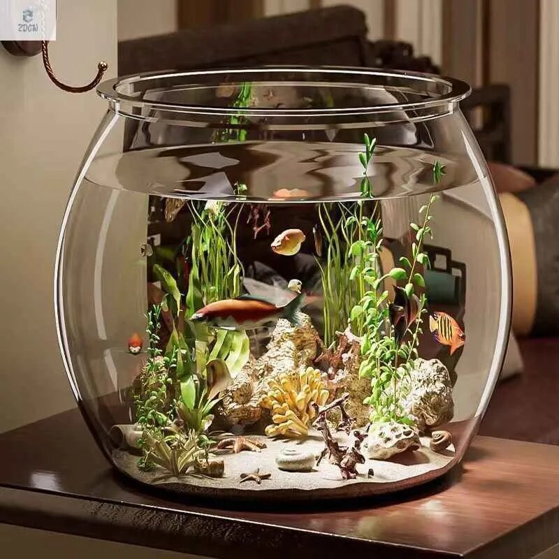 Аквариум для рыбок, стеклянный, круглый, для дома и офиса, с декоративными элементами.