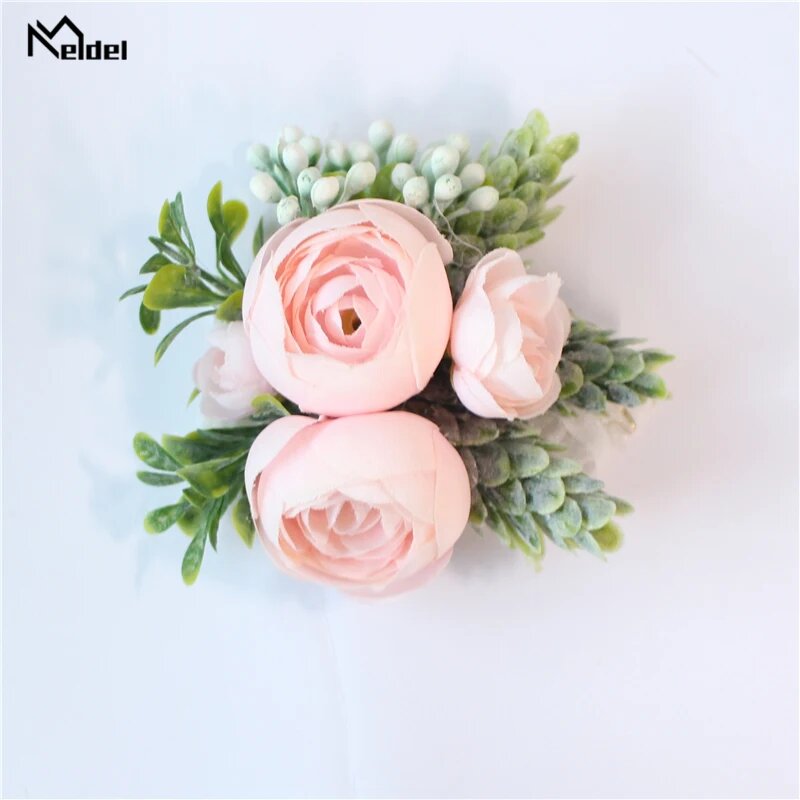 Meldel Бутоньерка и браслет из шелка Розовый, wrist flower-H