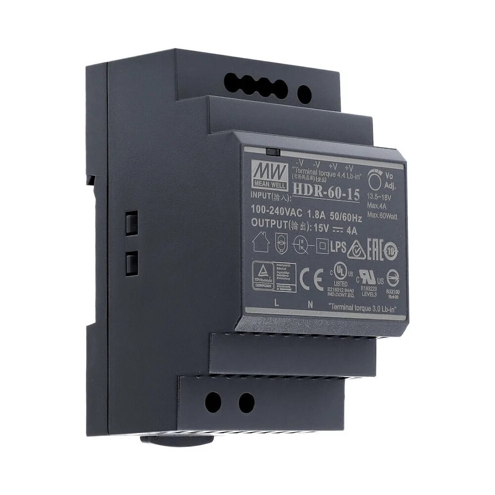 Источник питания Mean Well AC/DC HDR-60-15 60Вт Т02601702 — защита от короткого замыкания и перенапряжения, DIN‑рейка