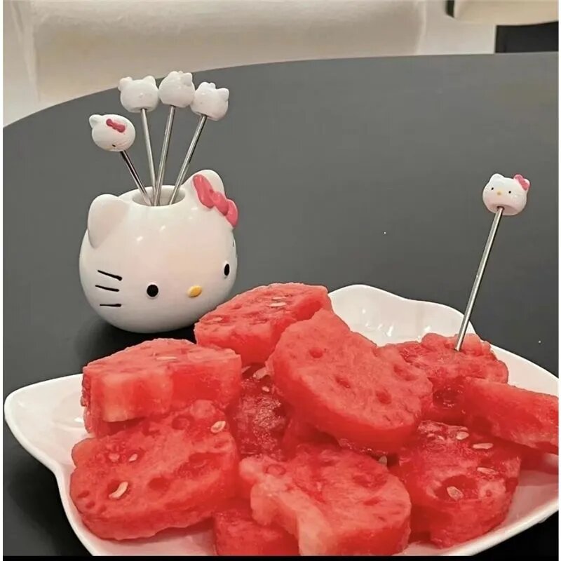 Набор вилок для салата белый Hello Kitty из нержавеющей стали с подставкой, 10 шт. — фото 1