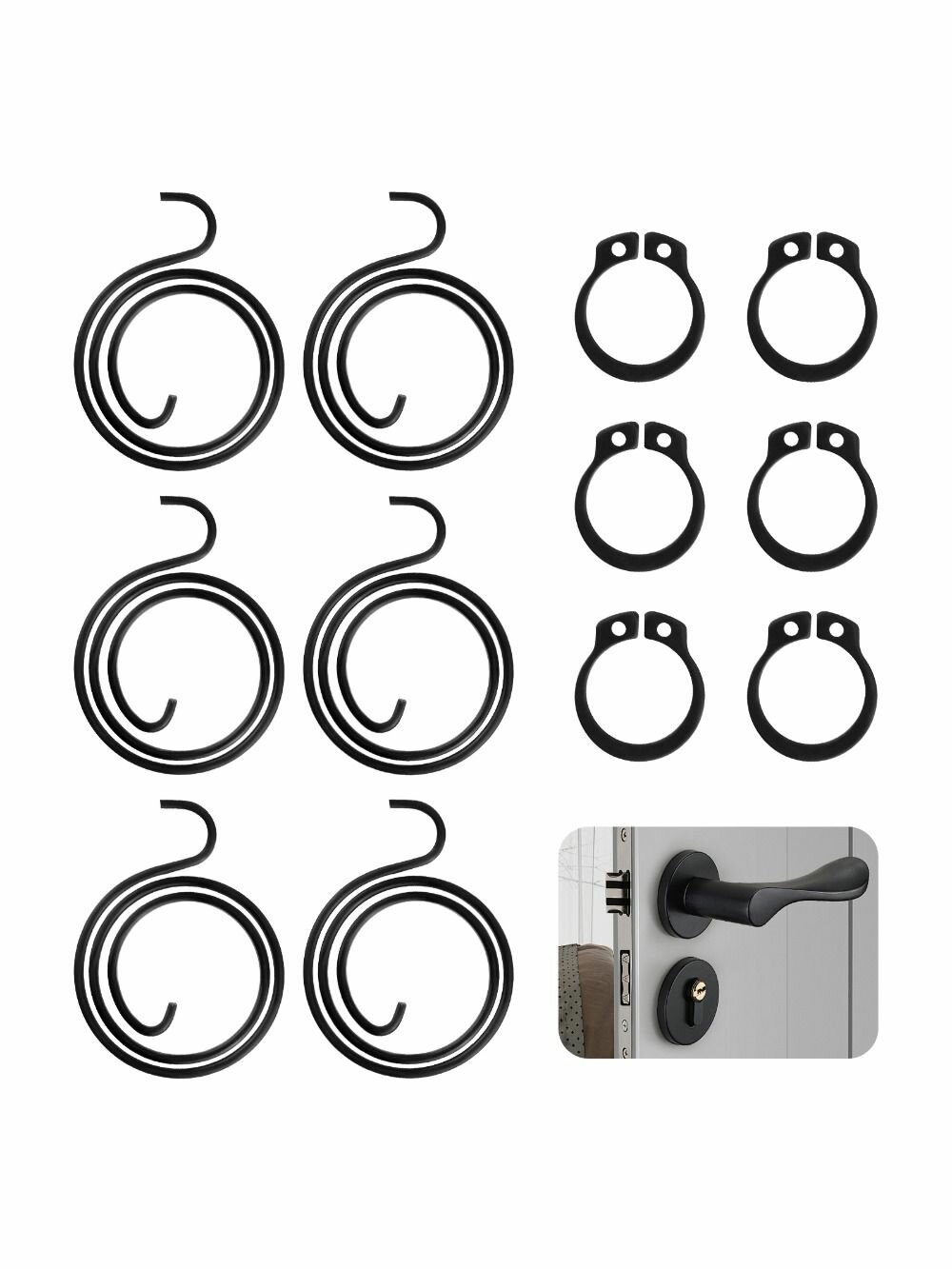 Комплект пружин для дверной ручки, 6 шт, толщина 2,5 мм, с черным покрытием + 6 стопорных колец 13,8 мм, для ремонта дверного замка