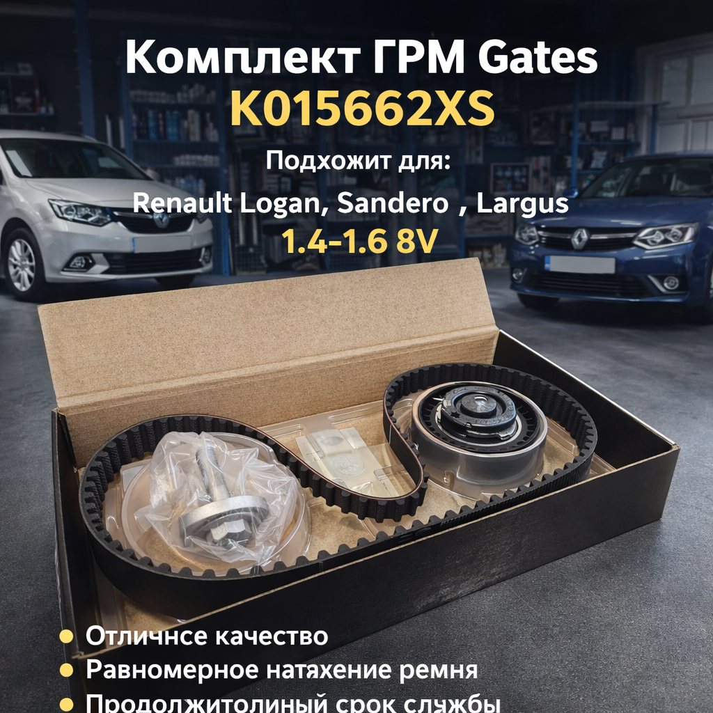 Комплект ГРМ Gates K015662XS для Renault Logan Sandero Largus 1.4-1.6 8V ремень + ролик