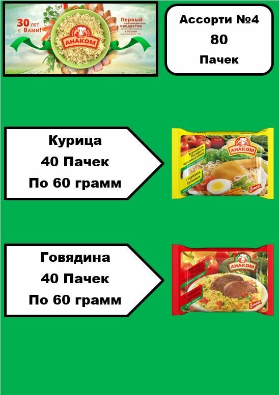 Вермишель быстрого приготовления Анаком "Ассорти вкусов №4" / 60 грамм / 80 пачек