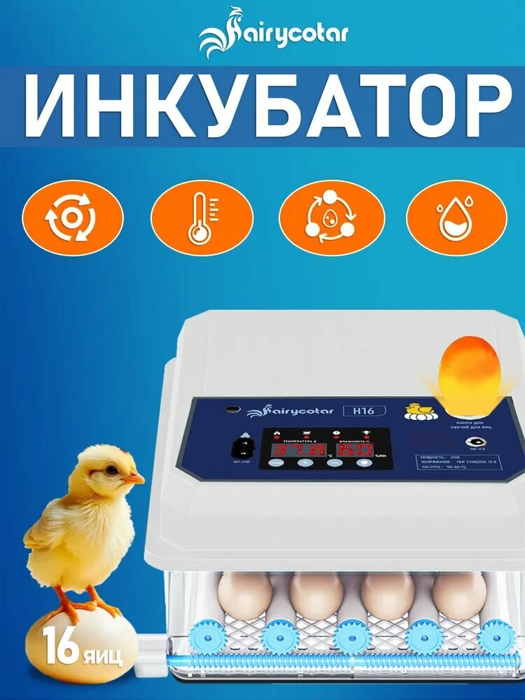 Инкубатор для яиц автоматический Hairycotar-H15 с терморегулятором, гигрометром, овоскопом, автоповоротом на 15 куриных, 30 перепелиных, 12 утиных/индюшиных, 6 гусиных яиц, 220/12V