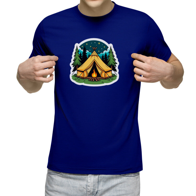 Мужская футболка «Ночной кемпинг у костра» (синий, 2XL)
