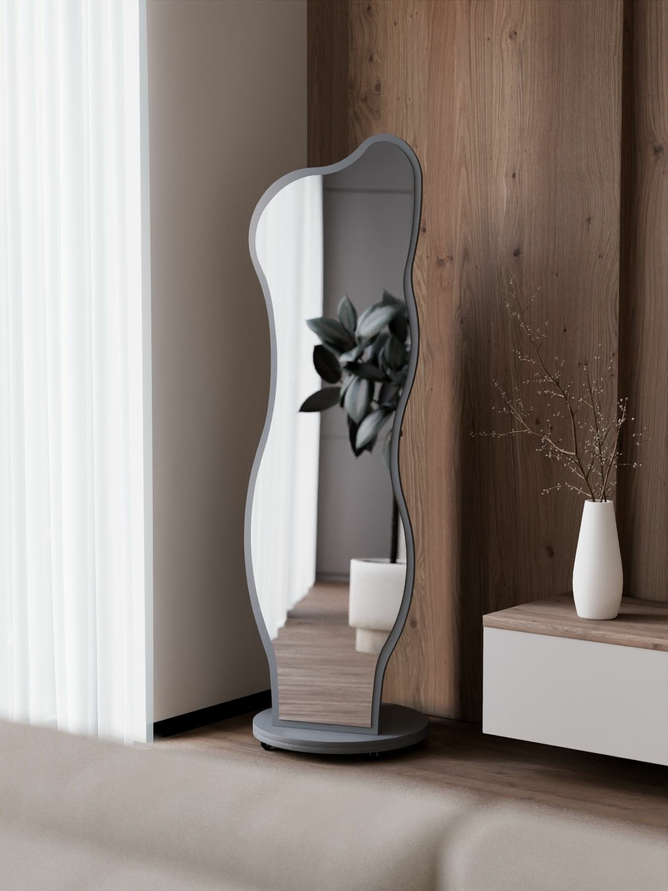 Зеркало напольное в полный рост, фигурное, графит, на колесиках, с вешалкой,164*48 см , ЛДСП