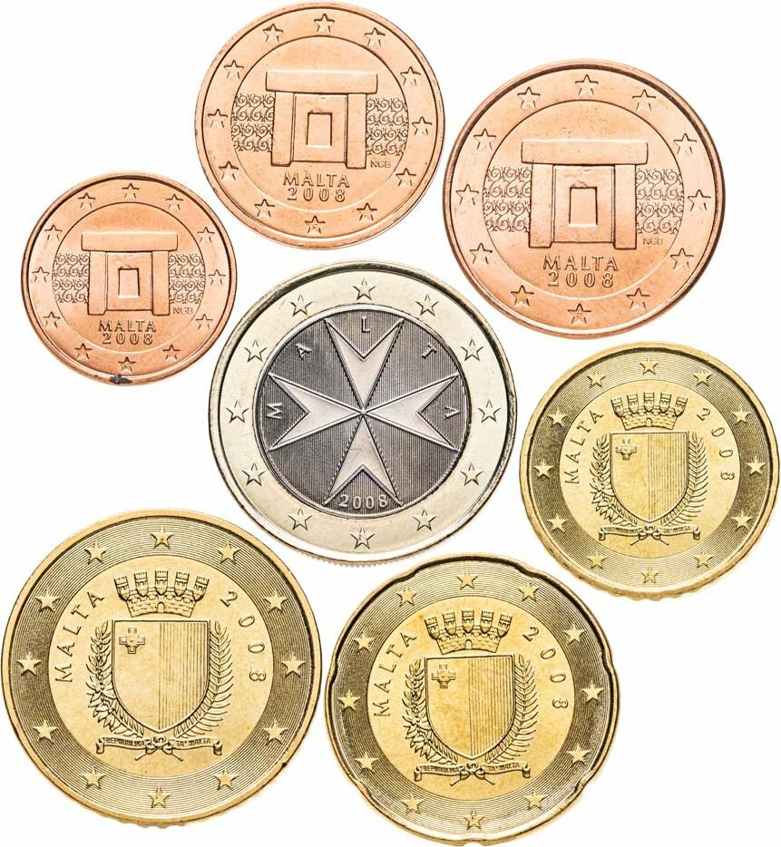 Мальта набор из 7 монет евро 2008 1 евро и 50, 20, 10, 5, 2, 1 евроцентов, Биметалл, в сохранности UNC
