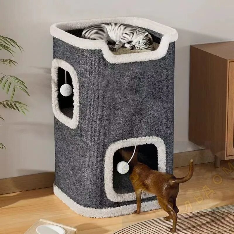 Домик для кошки с когтеточкой Домик трансформер двухэтажный с лежанкой, когтеточкой и игрушкой для животных, кошек и мелких пород собак, серый