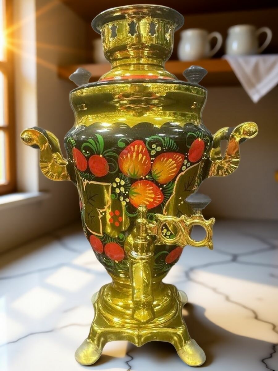 Классический латунный электрический самовар 1.5 л Хохлома, с художественной росписью ручной работ