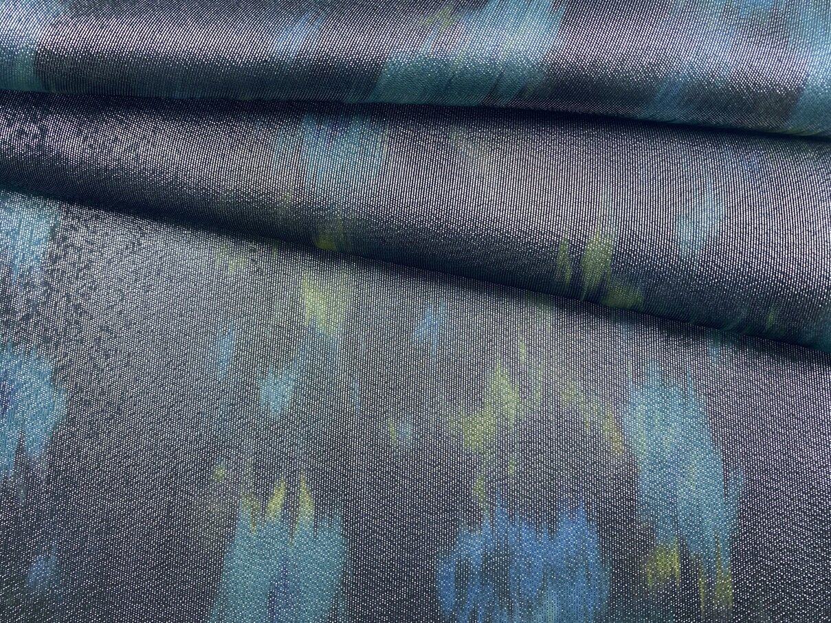 Ткань Шёлк с люрексом чёрно-бирюзового цвета размытый 46844