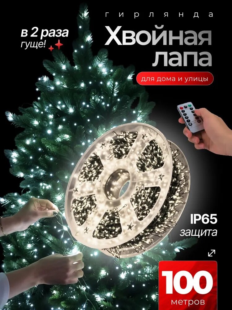 Электрогирлянда роса-мишура Хвойная лапа на елку, гирлянда Светодиодная , питание От сети USB, зеленый провод с пультом, для улицы, дома