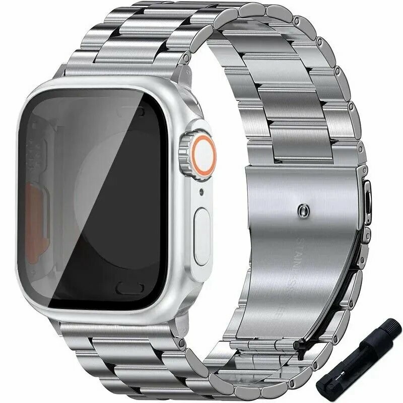 Металлический ремешок из нержавеющей стали + Чехол для Apple Watch Band 44 мм 45 мм 41 мм 40 мм, Сменный чехол для ПК, Ультра бампер для iWatch 9 8 7 6 SE 5 4