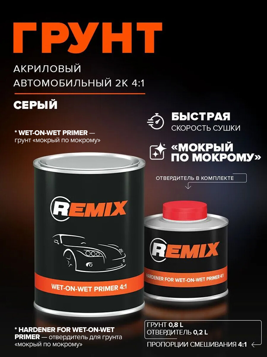 Грунтовка для автомобиля акриловая 2к мокрый-по-мокрому 4+1 серая, 0,8л + отвердитель 0,2л /REMIX / грунт автомобильный