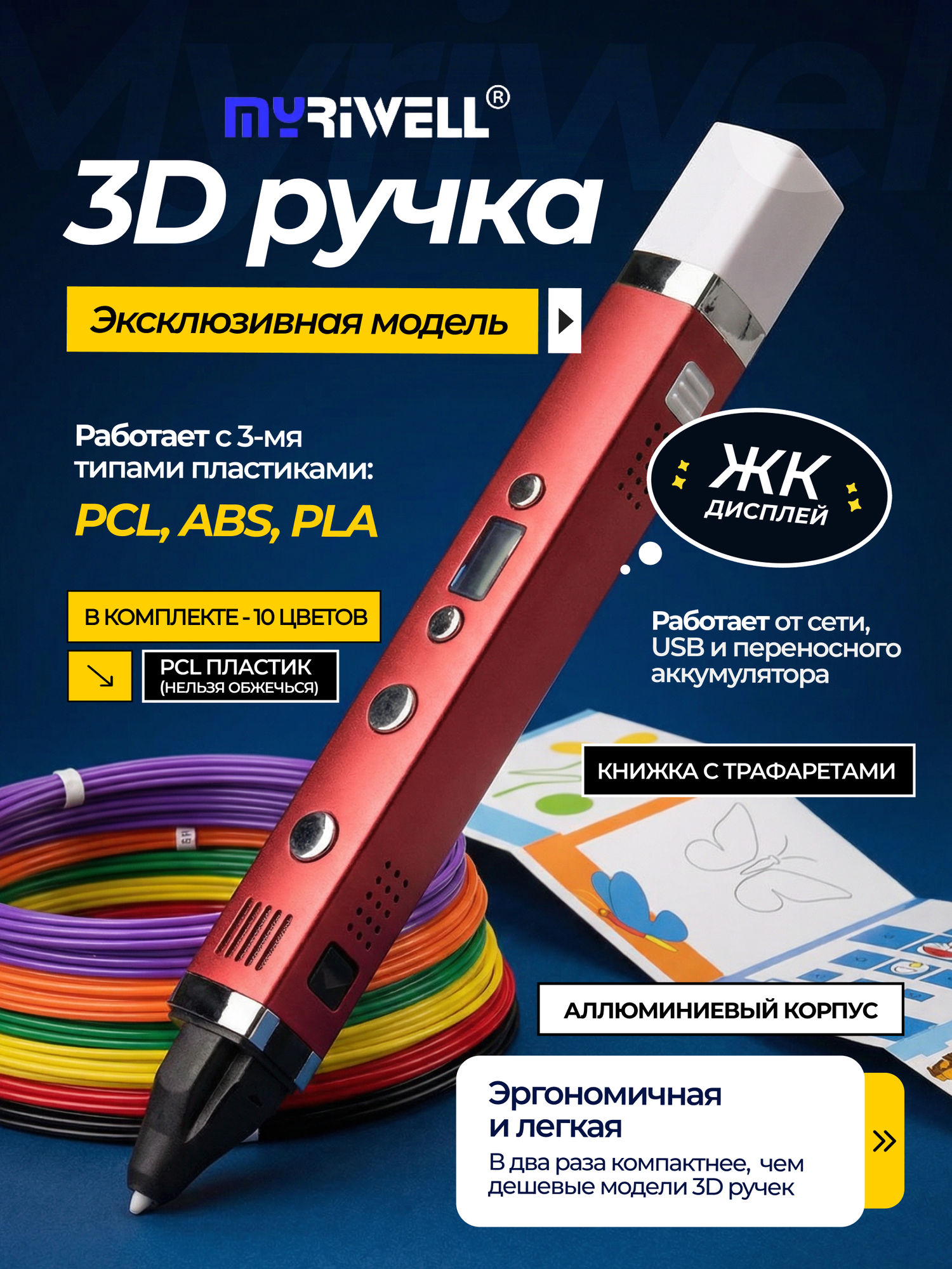 3Д ручки Myriwell 3D ручка Myriwell RP100C с пластиком и трафаретами, версия 2026 с возможностью работы с 3-мя видами пластика (Красный)