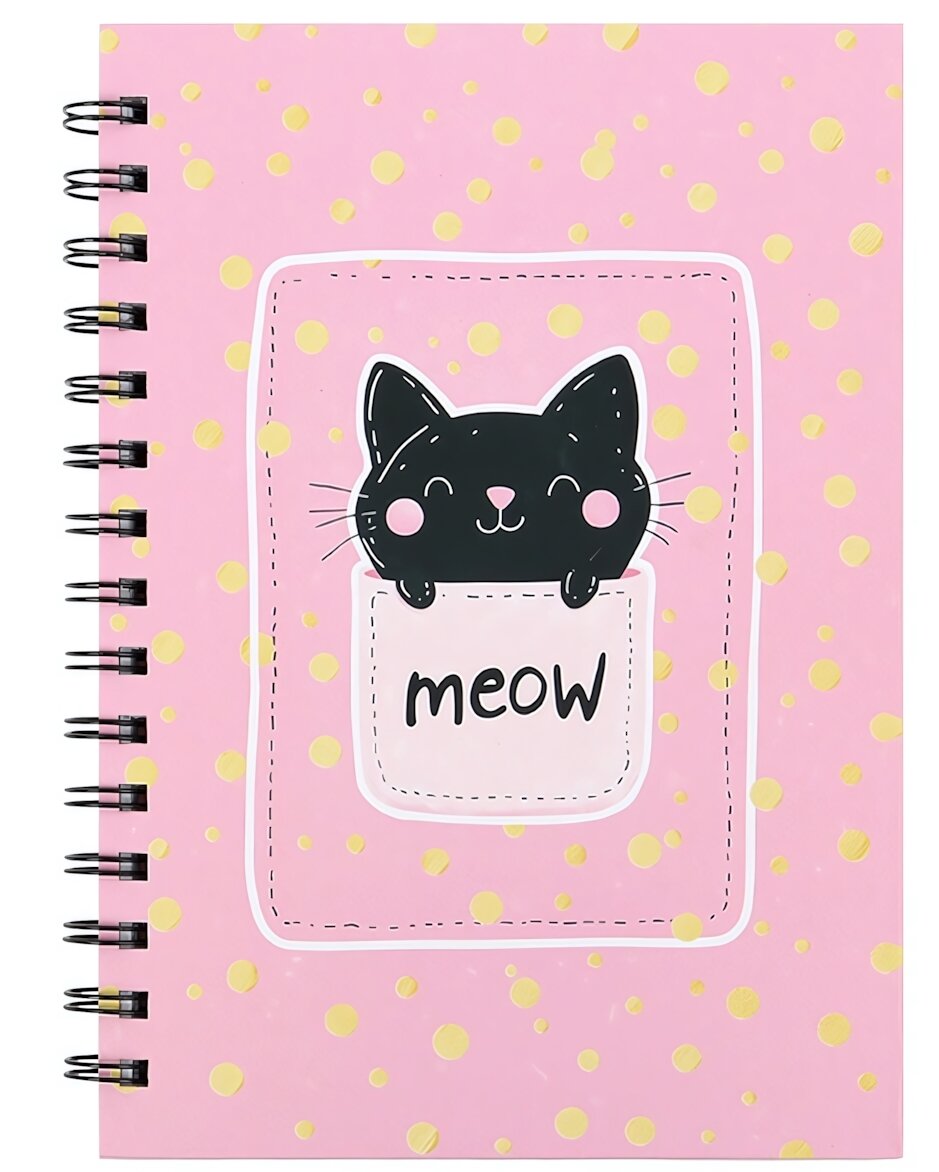 Записная книжка А5 "Darvish" 80 листов в клетку на спирали, розовый принт с котом, плотная бумага 70г/м2, 14.5х21см