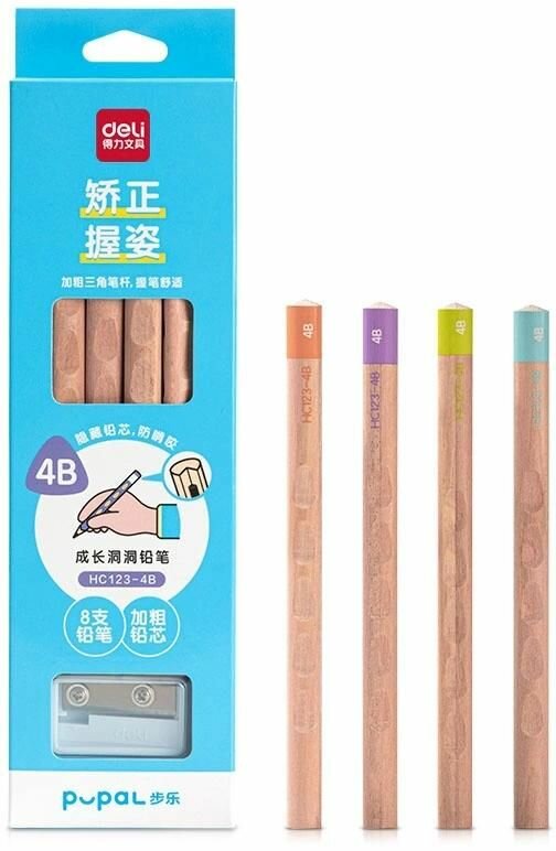 Карандаш чернографитный Deli Pupal, 4B, точилка, материал корпуса дерево, 8 шт (HC123-4B)
