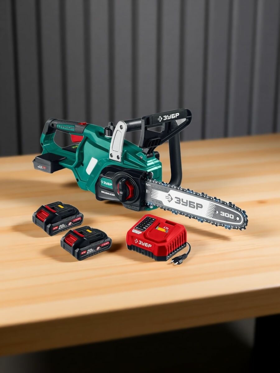 ЗУБР 40 В, (2x20В), 300 мм шина, 2 АКБ LMS (2 Ач), пила цепная аккумуляторная (ПЦБ-4030-22)
