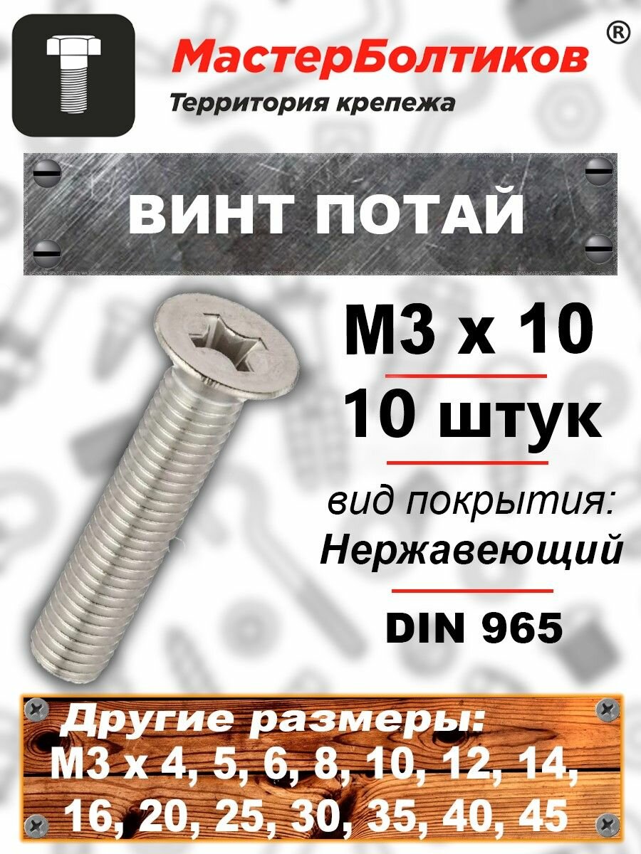 Винт потай M3х10 нержавеющий А2 DIN 965 "МастерБолтиков" ( 10 шт )