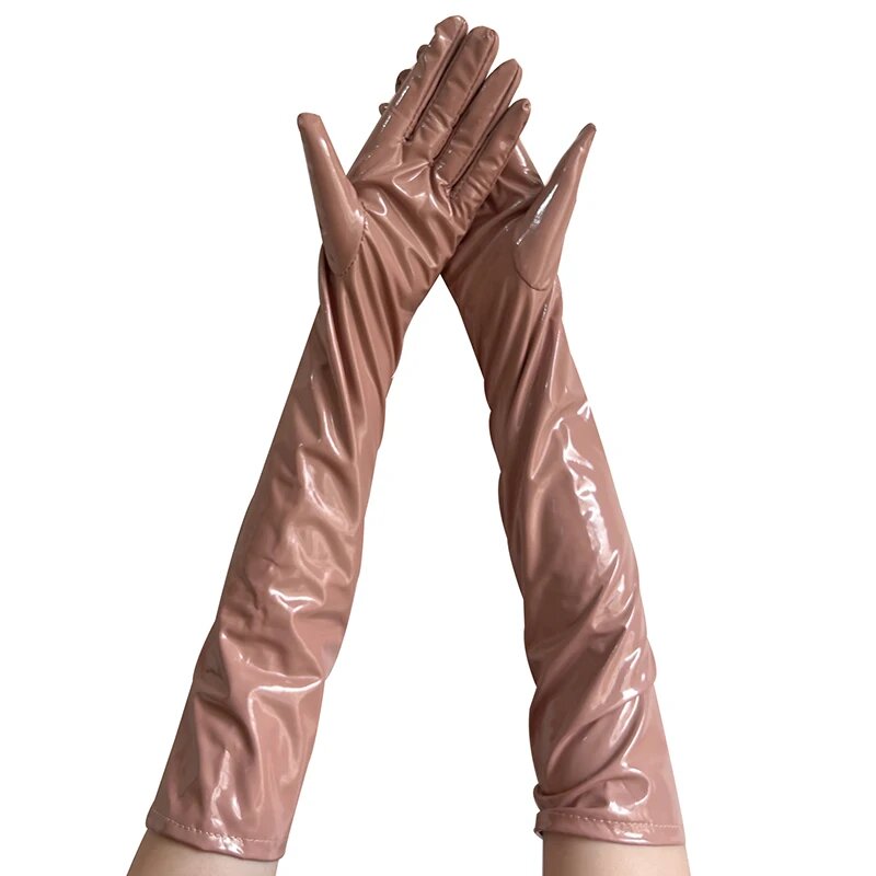 Женские длинные лакированные кожаные перчатки для танцев на пилоне с покрытием, Бежевый, Skin Pink
