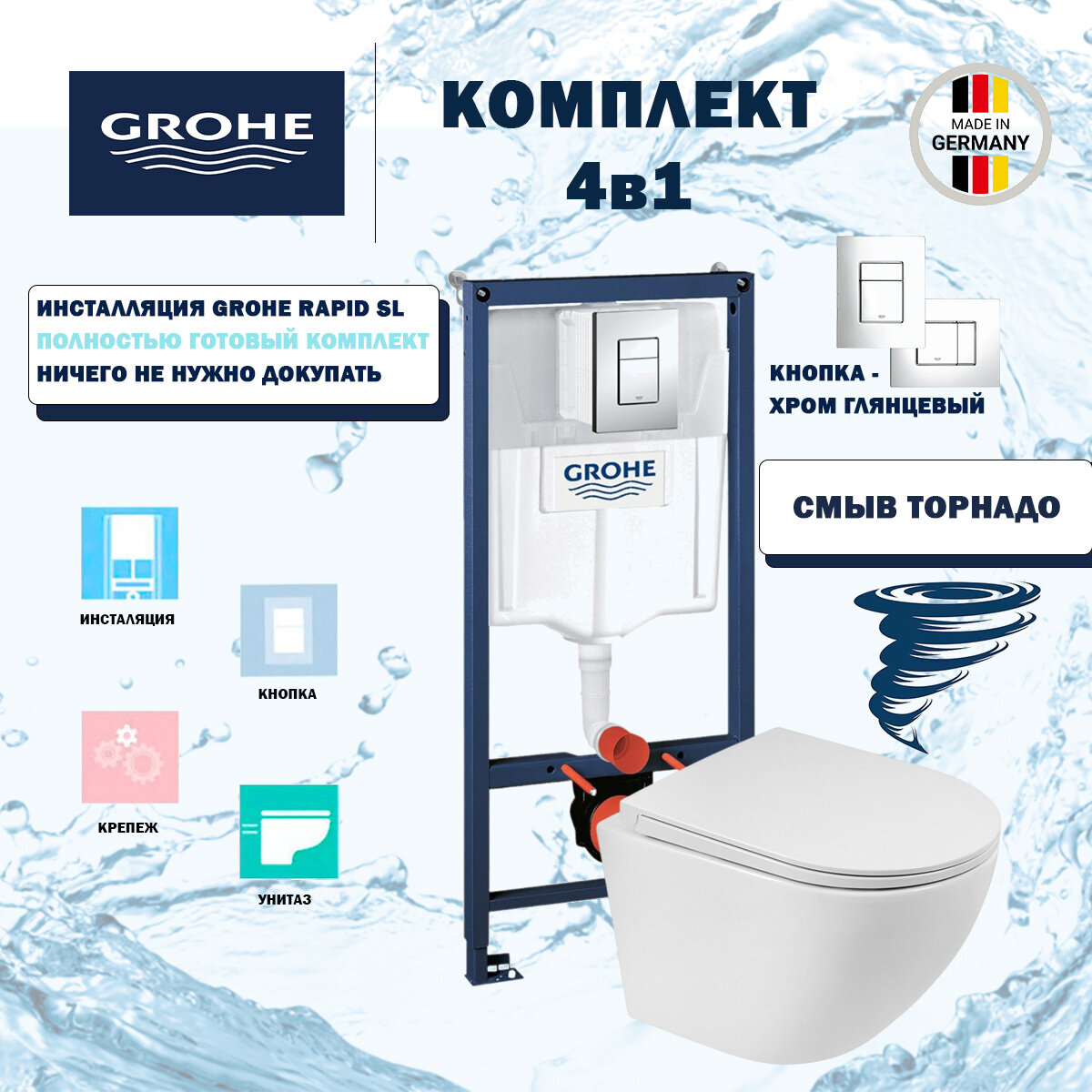 Инсталляция Grohe Rapid SL с подвесным, безободковым унитазом Santerika SAN. UNT.04, смыв "Торнадо", сиденье микролифт