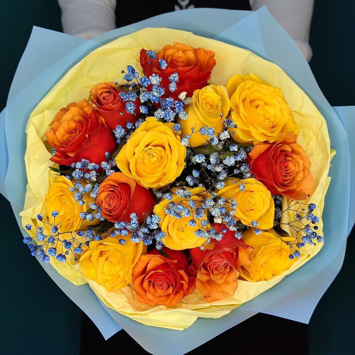 Букет "Ясный Лучик", роза Кения + гипсофила, универсальный, 15 цветов, 40 см