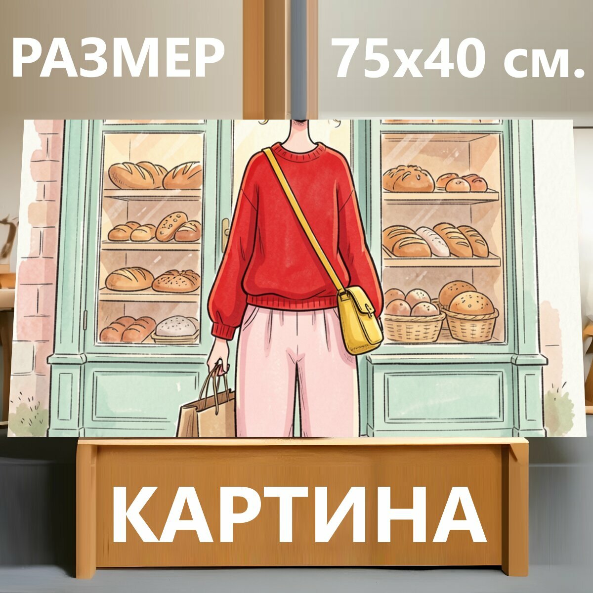 Картина на холсте "Девушка у пекарни с птицей. Милая иллюстрация в пастельных тонах: юная блондинка с покупками стоит перед витриной хлебной." на подрамнике 75х40 см. для интерьера