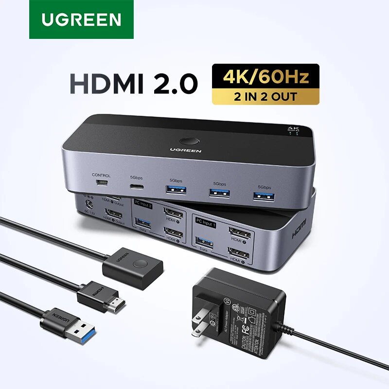 HDMI KVM переключатель для 2 мониторов и 2 ПК 4K 60Hz USB-C USB 3.0 общий доступ к монитору клавиатуре мыши принтеру поддержка HDR 3D переключение одним нажатием