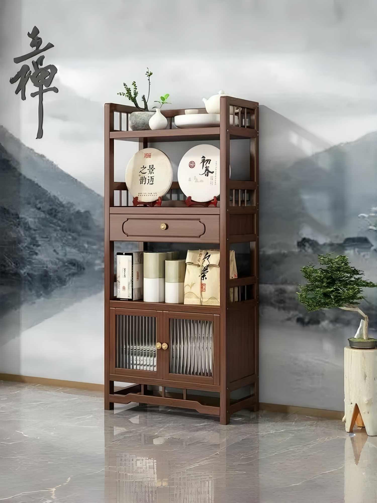 Буфет ASDF, арт-деко, орех, бамбуковый, универсальный угол, 4 полка