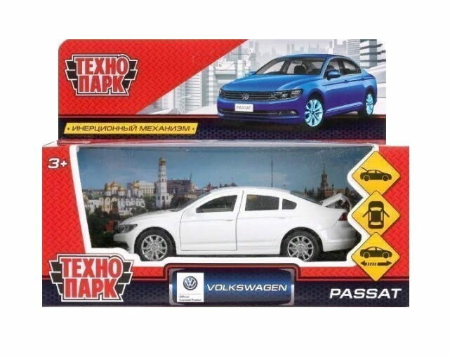 Машинка Huada Toys модель инерционная Volkswagen Passat 12 см, металл, открываются двери и багажник, белый, от 3 лет, PASSAT-12-WH