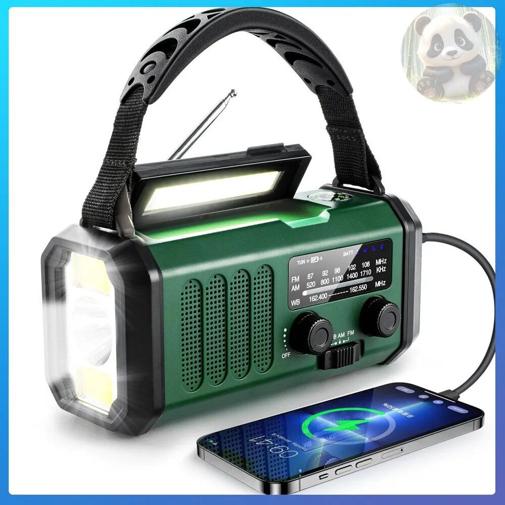 Динамофонарь многофункциональный 8 в 1 с солнечной батареей и радио FM/AM, 650 Лм, зеленый/белый