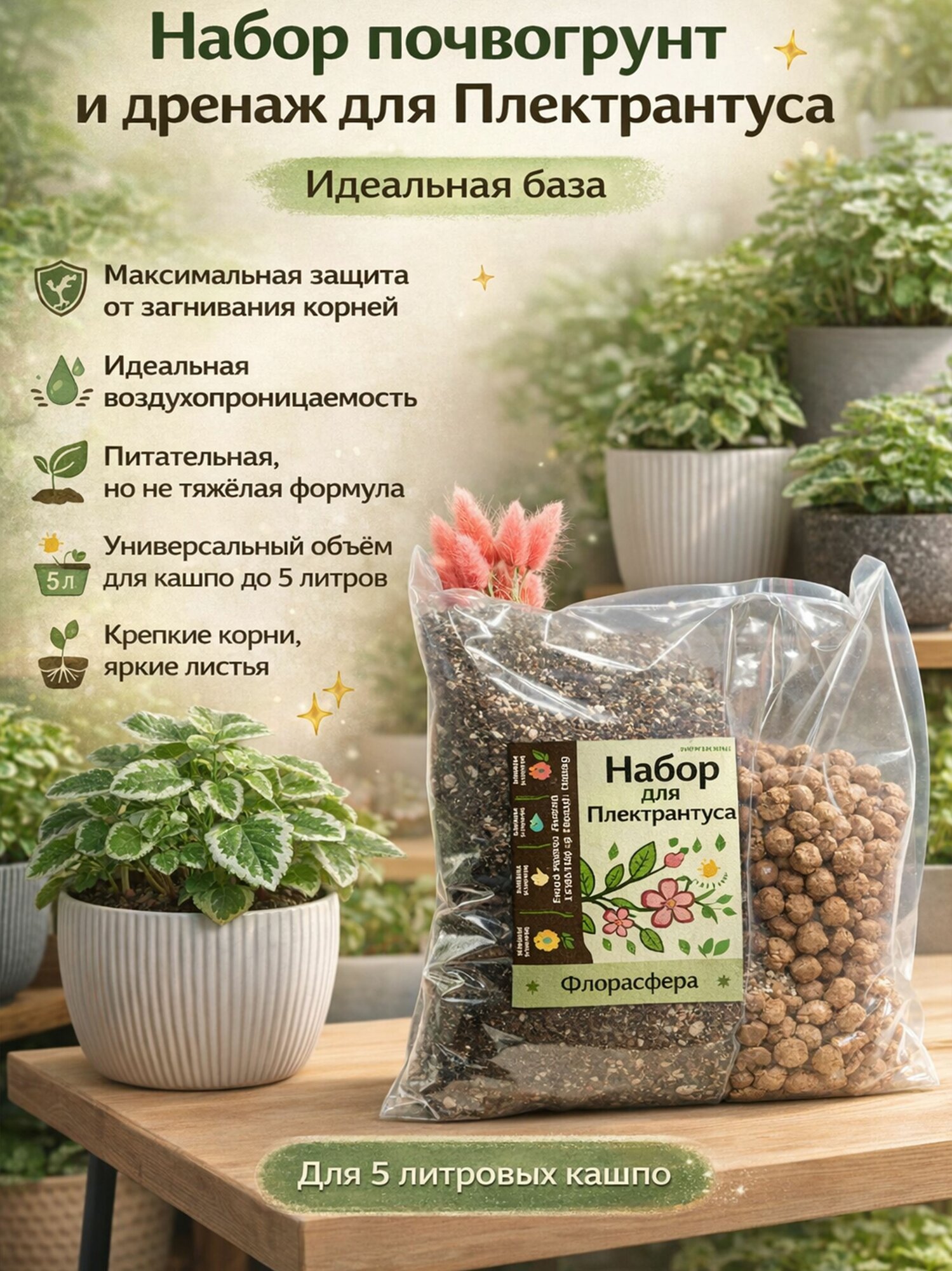 Набор почвогрунт и дренаж для Плектрантуса для 5л кашпо премиум