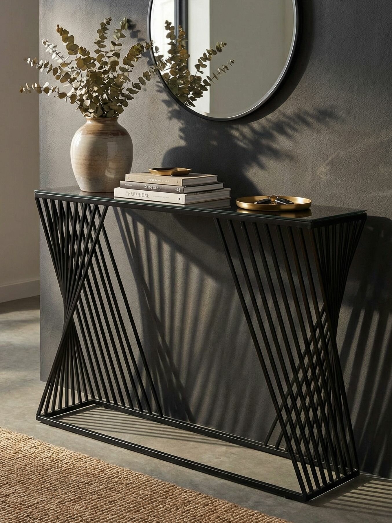 Консольный столик, туалетный столик РИМ 1400х875х280мм (черный/стекло серое графит)