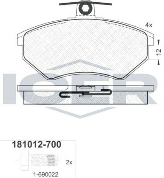 Колодки тормозные ICER 181012-700 Vw Golf 19e, 1e7, 1g1, 1h1, 1h5, Jetta 165, 19e, 1g2, Passat 32b, 35i, 3a2, 3a5, Scirocco 53b, Vento 1h2