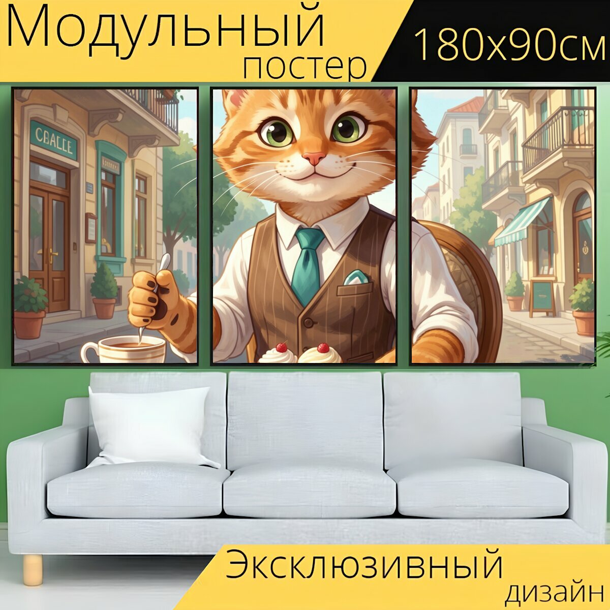 Модульный постер "Кот-официант в кафе на улице. Милый рыжий кот в деловом жилете и галстуке сидит за столиком с кофе и десертами на." 180 x 90 см. для интерьера на стену в тубусе